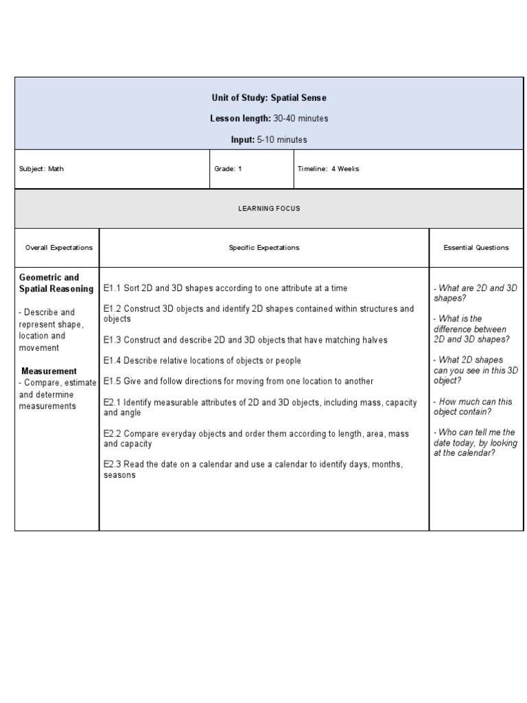 Math - Spatial Sense Lesson Plan Ideas | PDF | Shape | 3 D Computer ...