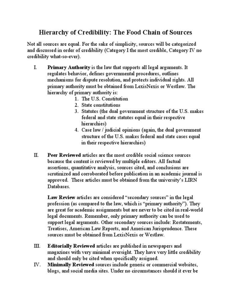 Hierarchy of Credibility Four Categories of Sources | PDF | Law Of The ...