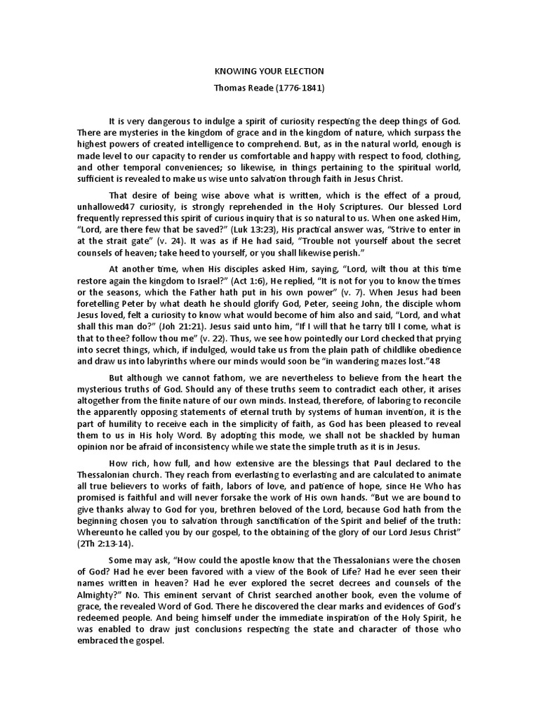 KNOWING YOUR ELECTION - Thomas Reade | PDF | Grace In Christianity ...