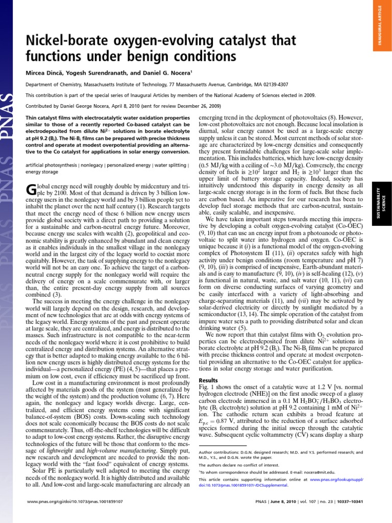 Nickel-Borate Oxygen-Evolving Catalyst That Functions Under Benign ...