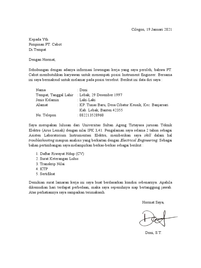 Surat Lamaran PT Cabot | PDF