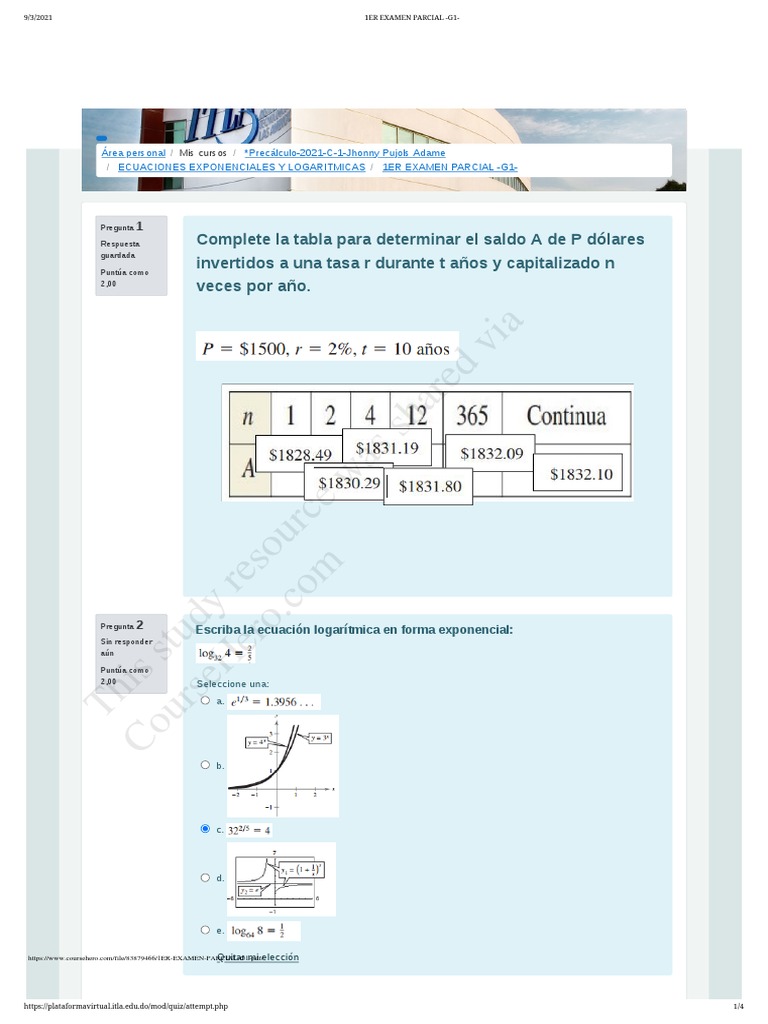 1er Examen Parcial g1 PDF | PDF | Logaritmo | Objetos matemáticos