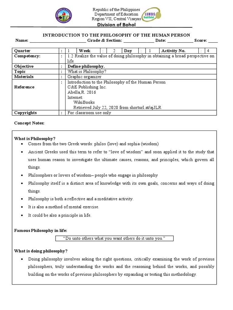 SHS - Humss - Intro To Philo Week 2 | PDF | Critical Thinking | Idea