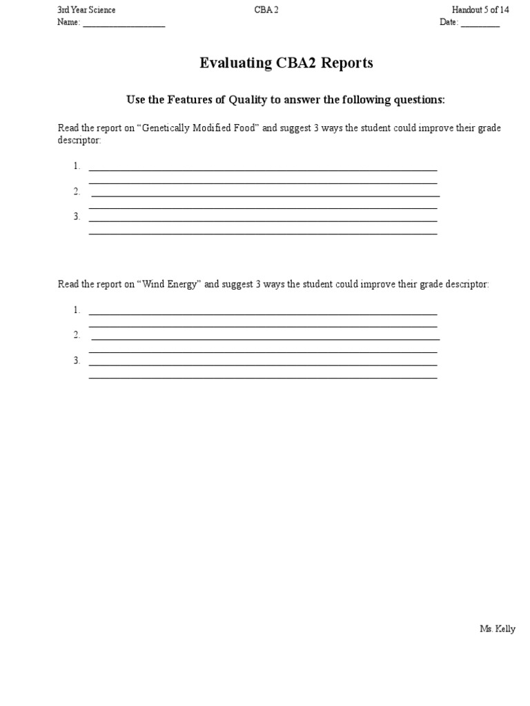 Evaluating CBA2 Reports: Use The Features of Quality To Answer The Following Questions | PDF