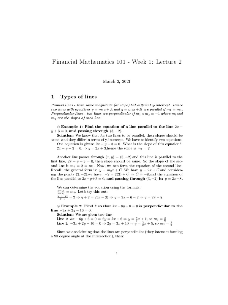 Financial Mathematics 101 - Week 1: Lecture 2: 1 Types of Lines | PDF ...