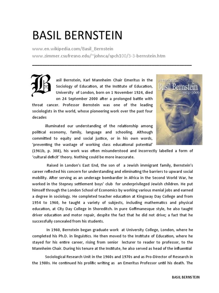 Basil Bernstein Bio and Contribution in Linguistics | PDF | Science ...
