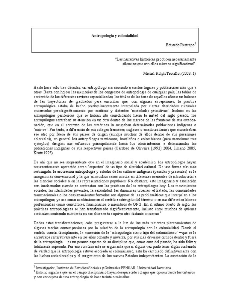 Colonialidad en la Antropología Moderna | PDF | Antropología ...