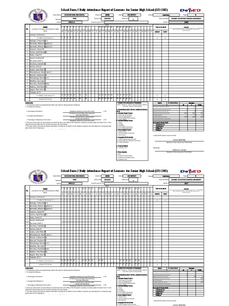 School Form 2 Daily Attendance Report of Learners For Senior High ...