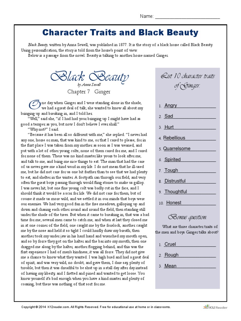 Character Traits and Black Beauty Page | PDF | Black Beauty