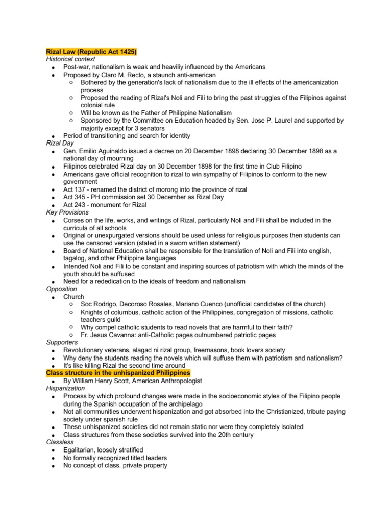 Historical Context: Rizal Law (Republic Act 1425) | PDF | Philippines