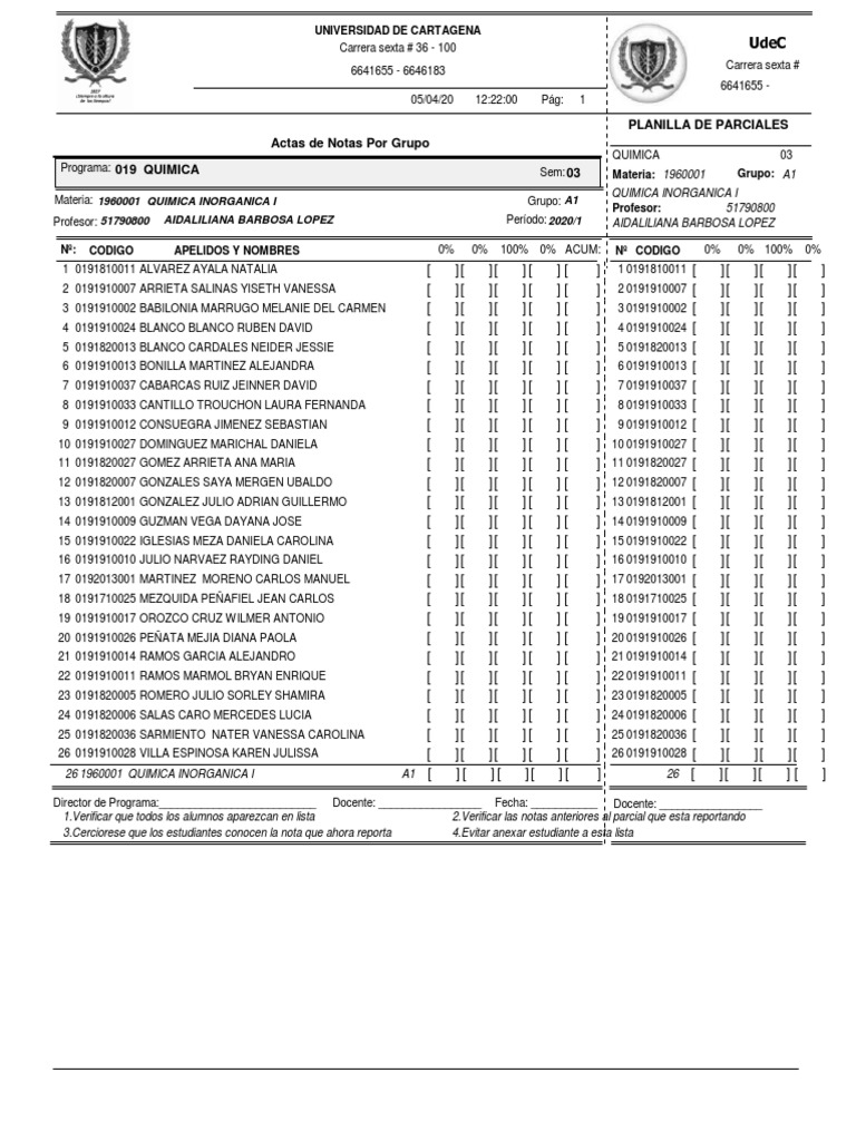 Planilla de Parciales 019 Quimica 03 Actas de Notas Por Grupo | PDF