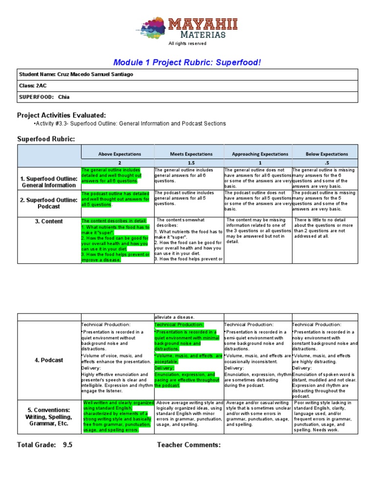 Nutrition Superfood Rubric | PDF | Superfood | Grammar