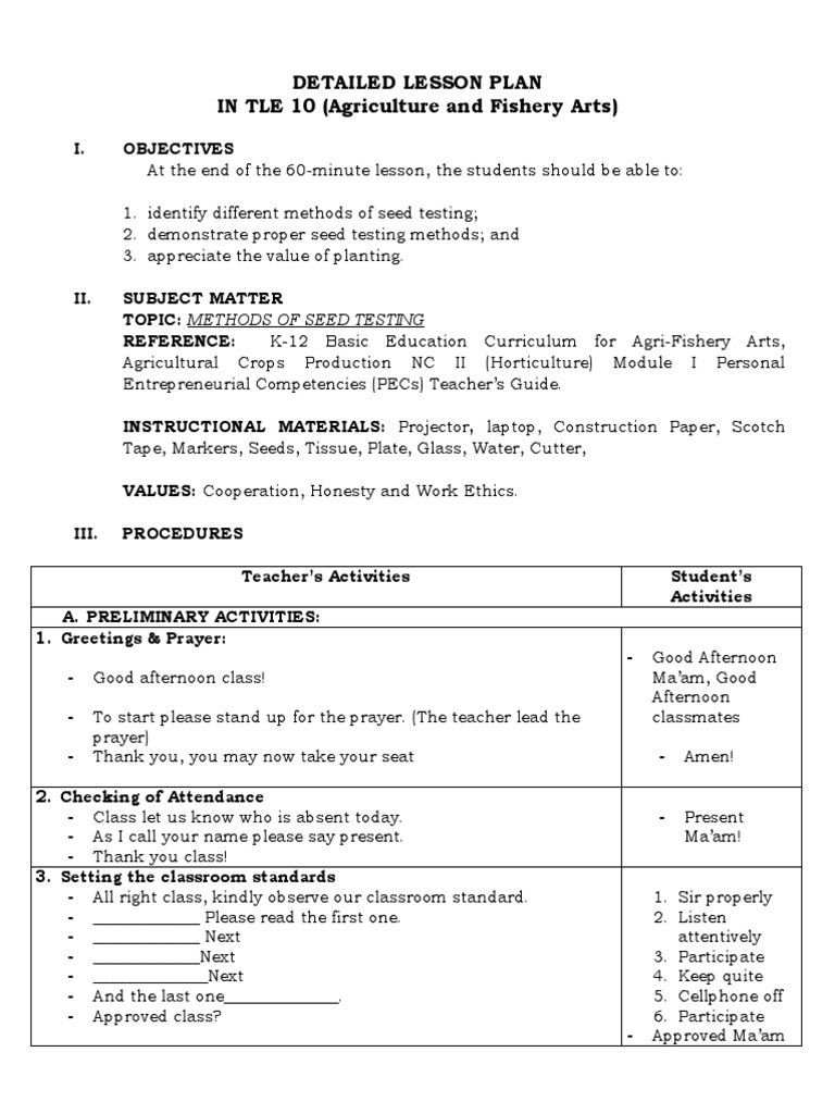 Detailed Lesson Plan IN TLE 10 (Agriculture and Fishery Arts) | PDF ...