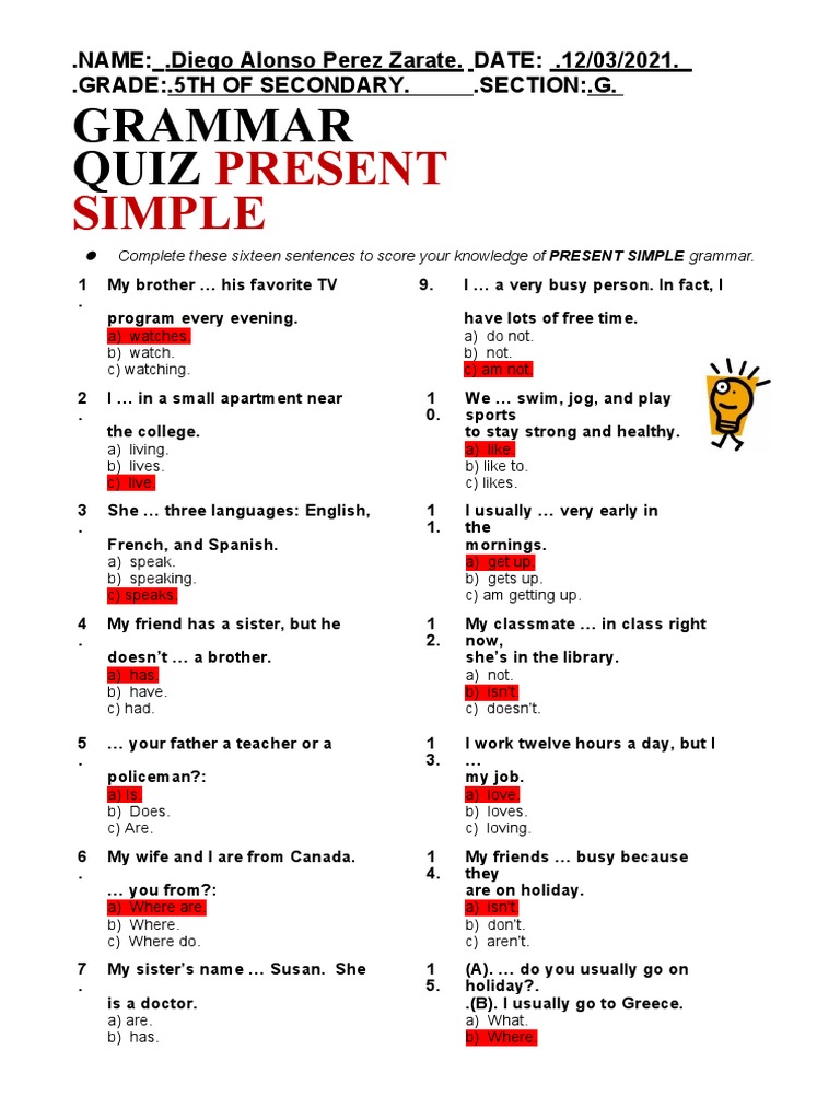 Present Simple: Grammar Quiz | PDF | Human Communication | Communication