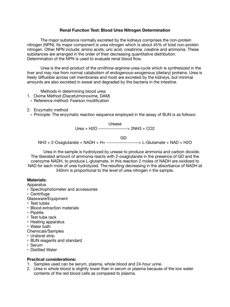 Renal Function Test: Blood Urea Nitrogen Determination | PDF | Urea ...