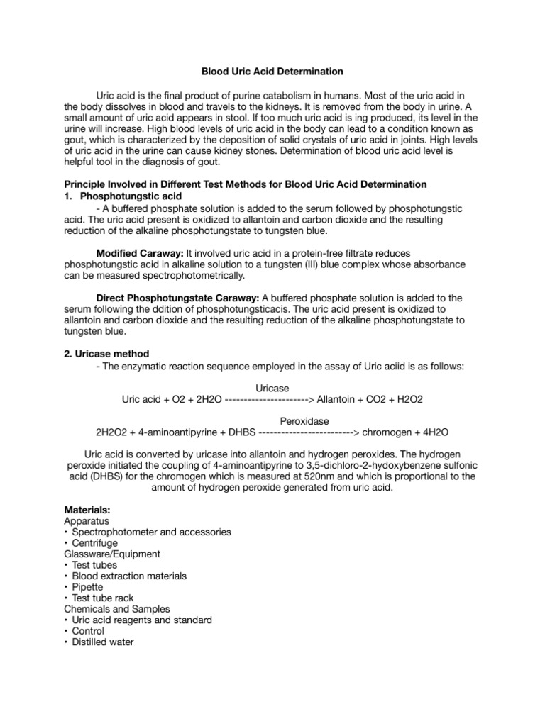 Lesson 11 - Blood Uric Acid Determination | PDF | Blood Plasma | Gout