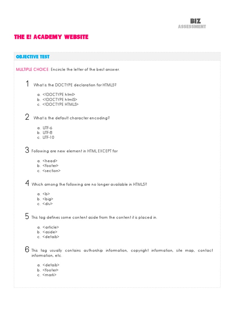 The E! Academy Website: Objective Test | PDF | Business | Computers