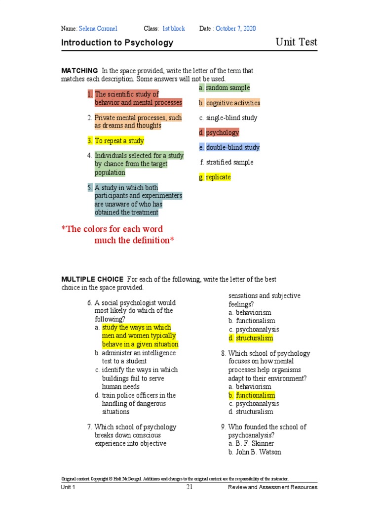 Psychology Unit One Test | PDF | Psychology | Experiment