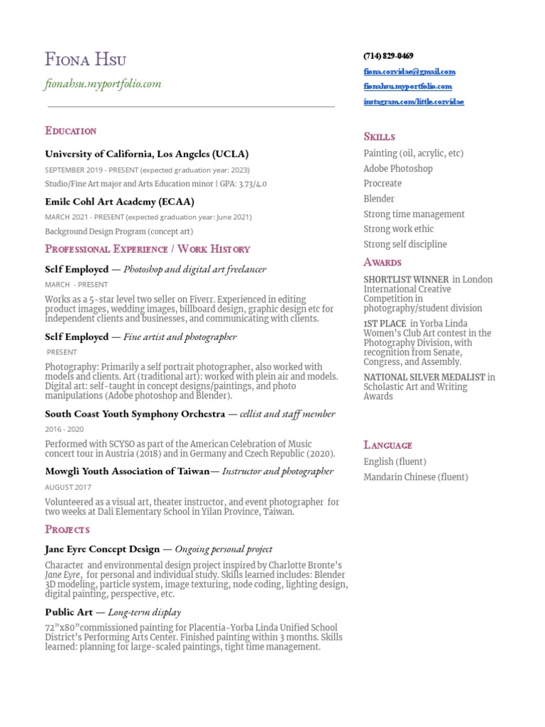 Fiona Hsu's Resume | PDF | Photo Manipulation | Paintings