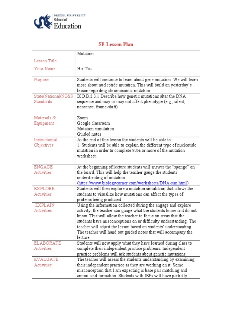 5E Lesson Plan: Lesson Title Your Name Purpose | PDF | Mutation ...