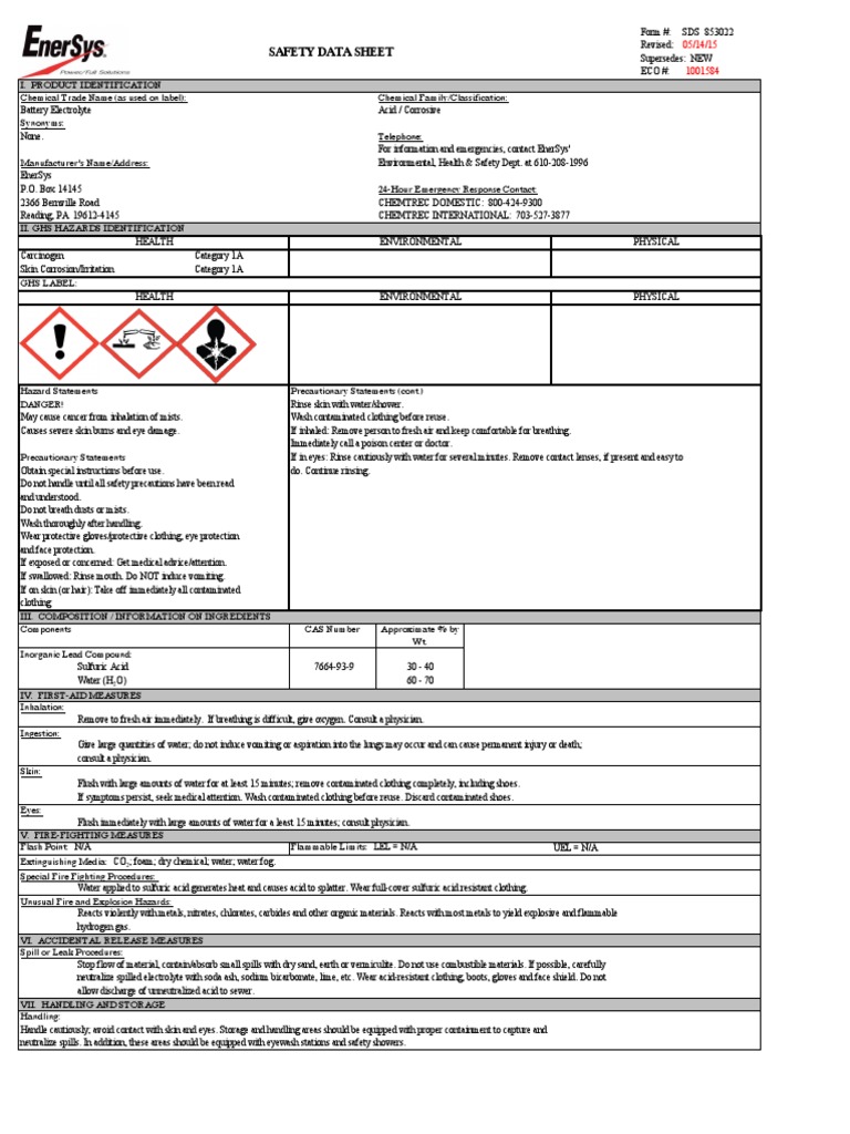 MSDS Battery Electrolyte | PDF | Dangerous Goods | Sulfuric Acid