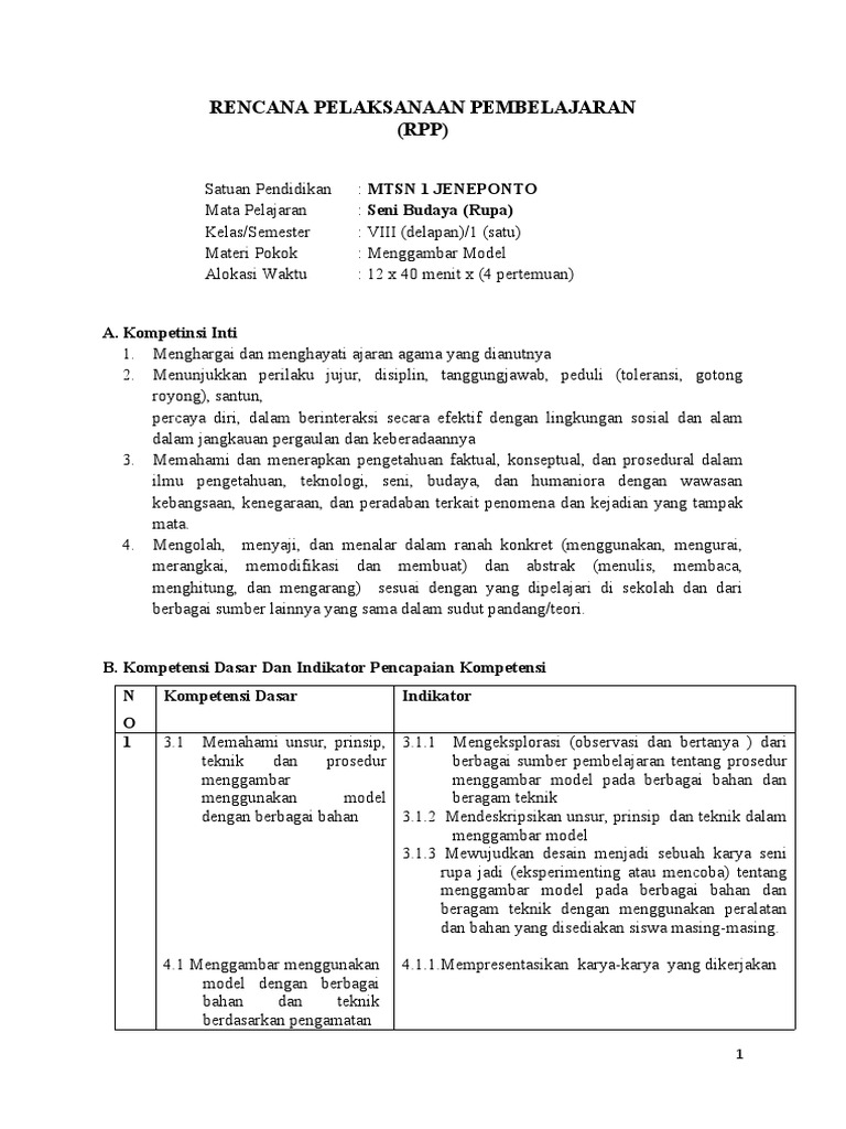 RPP Kelas Viii Seni Rupa KD 1 Kelompok Seni Rupa | PDF