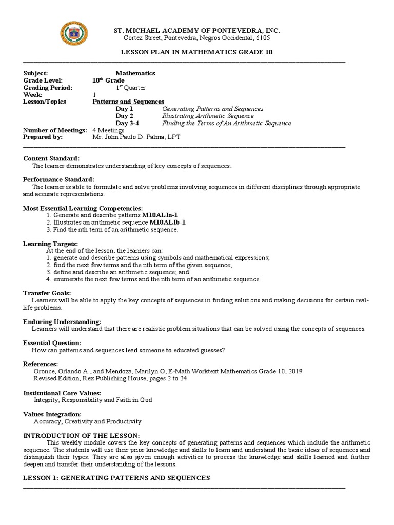 Lesson Plan Math 10 - First Quarter Week 1-9 | Download Free PDF ...
