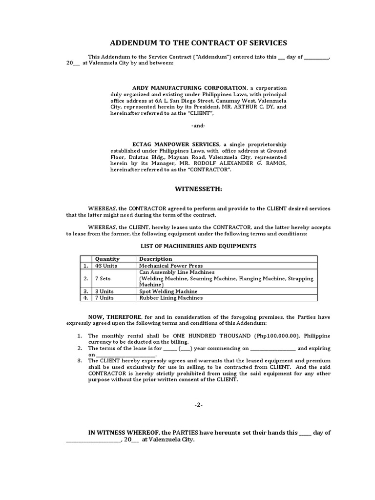 Addendum to Service Contract Agreement | PDF | Civil Law (Legal System ...