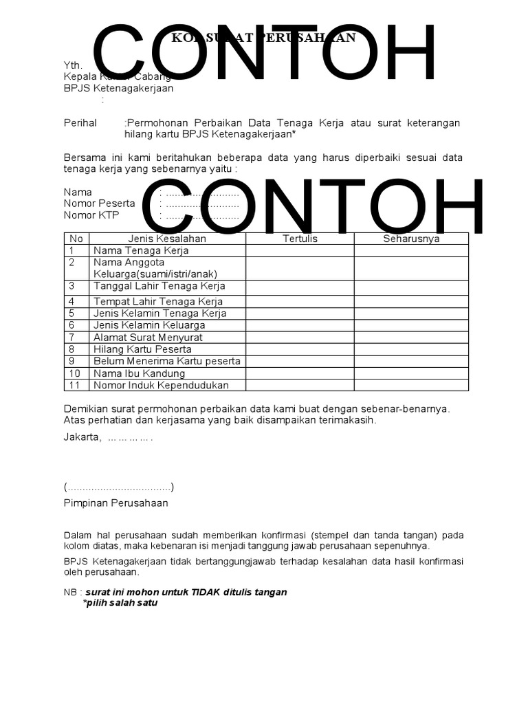 Surat Permohonan Koreksi Data BPJS | PDF