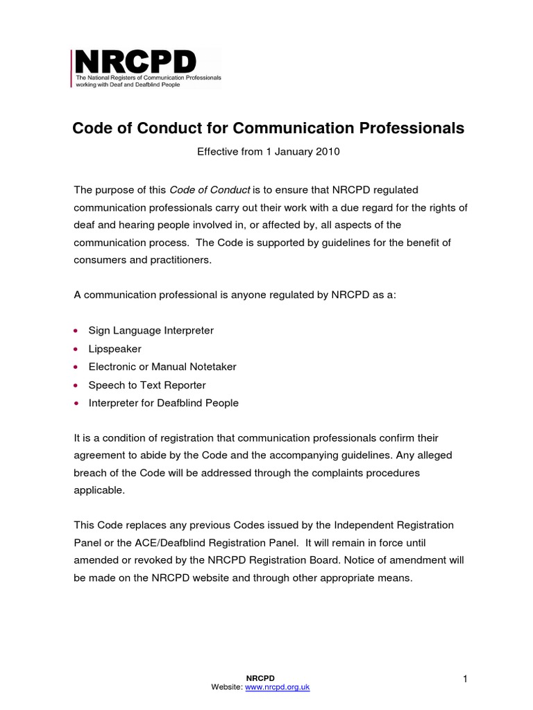 NRCPD Code of Conduct April2012 | PDF | Sign Language | Confidentiality