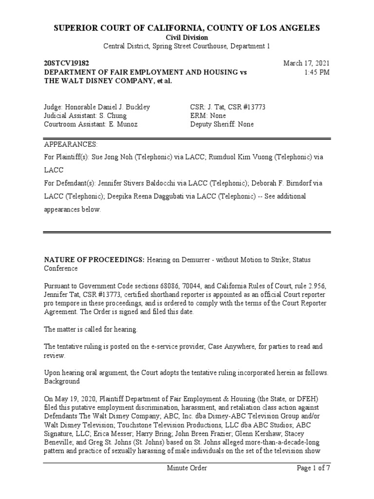 DFEH V Disney March 17 Minute Order | PDF | Class Action | Demurrer