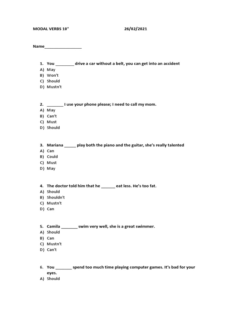 Modal Verbs Worksheet | PDF