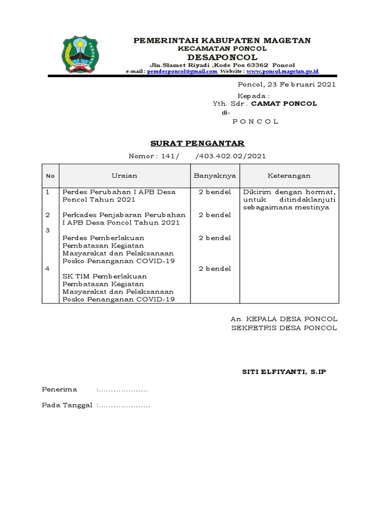 Surat Pengantar PERUBAHAN APBDES 2021 | PDF