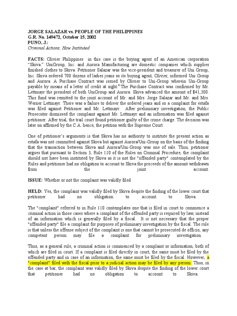 JORGE SALAZAR Vs PEOPLE Case Digest | PDF | Complaint | Prosecutor