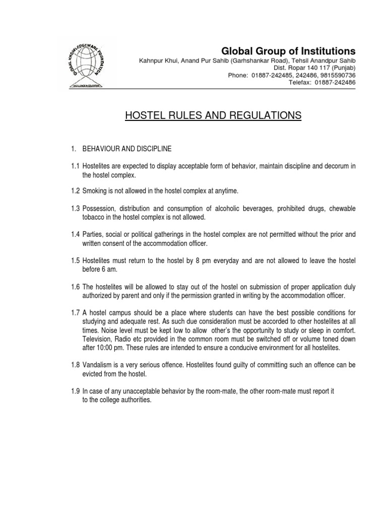 Hostel Rules and Regulations: Global Group of Institutions | PDF | Home ...