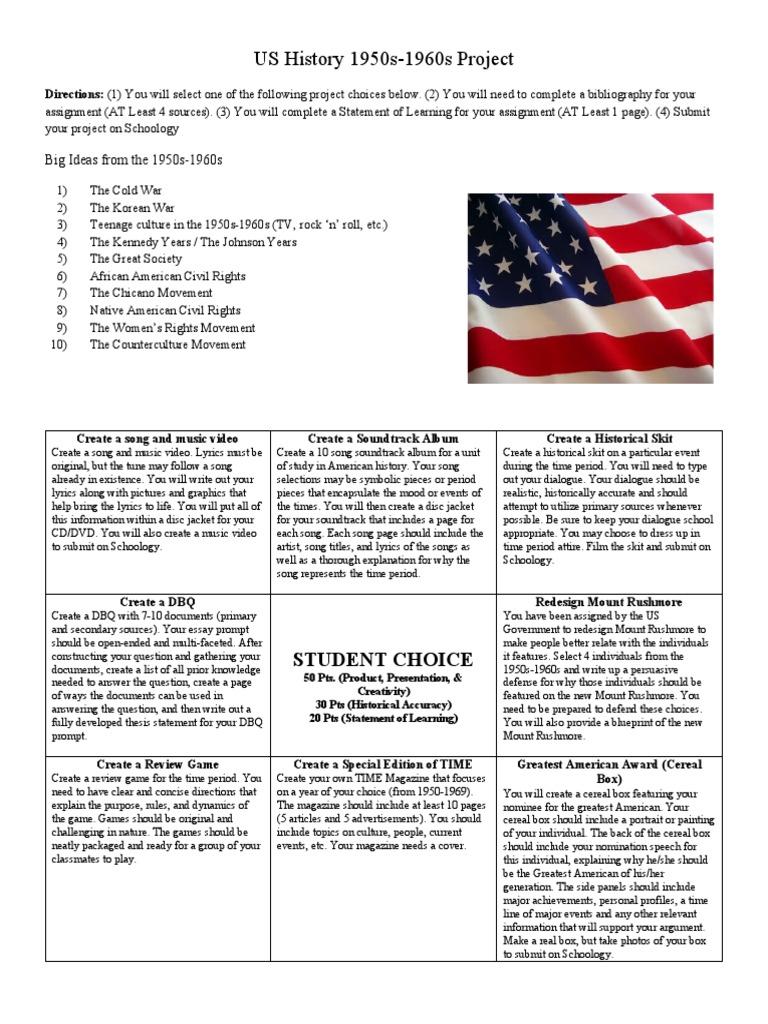 US History 1950s-1960s Project: Student Choice | PDF | Document | Question