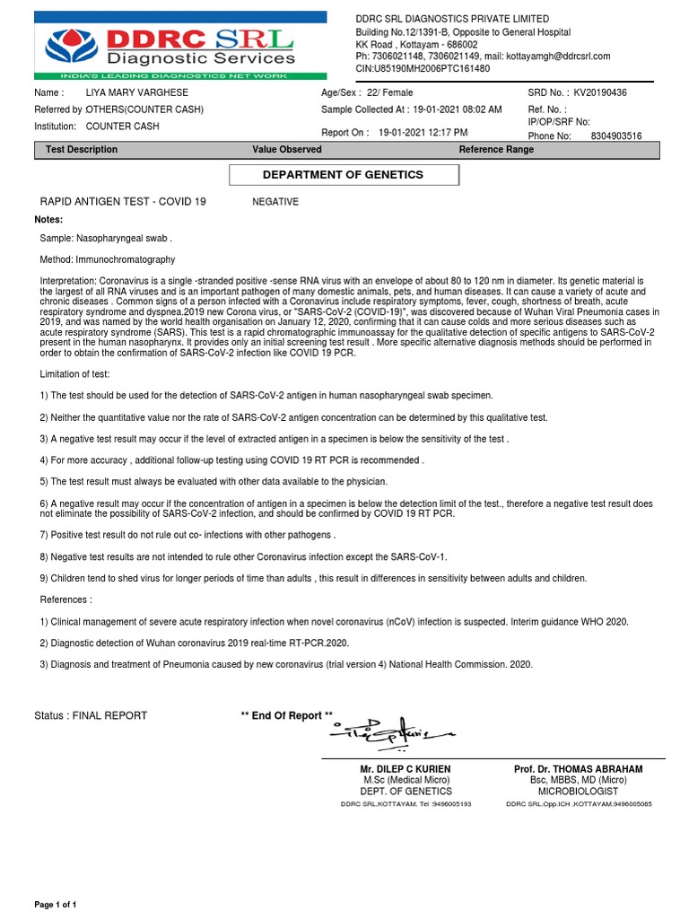 Rapid Antigen Test Report for LIYA MARY VARGHESE indicating a negative ...
