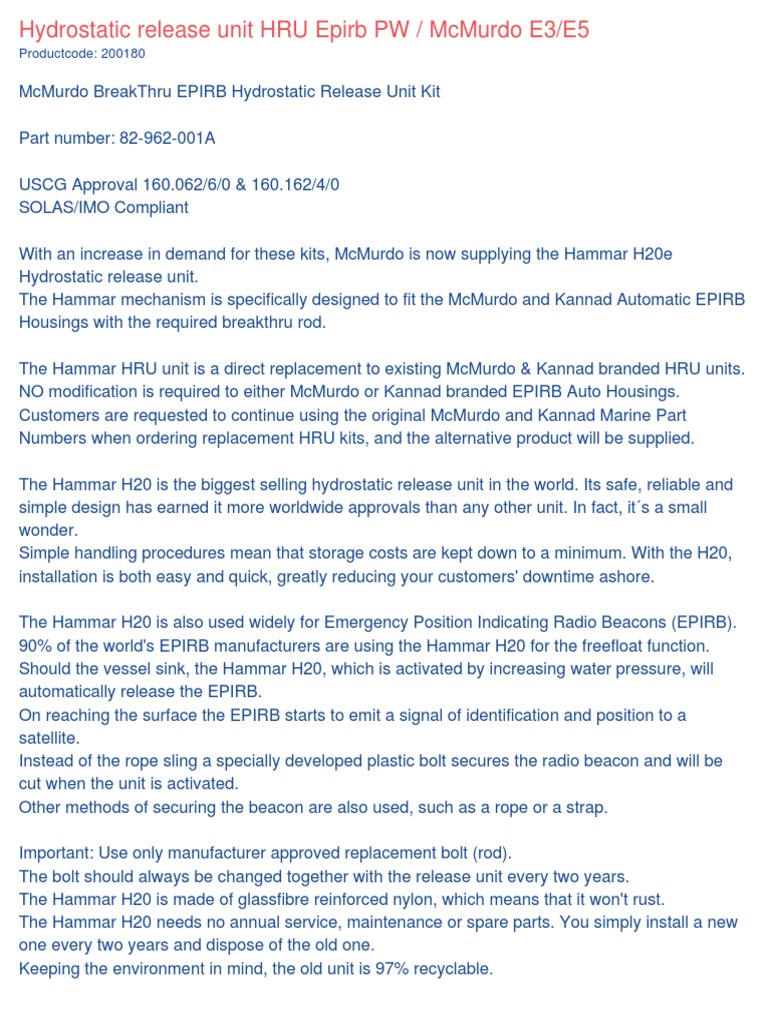 McMurdo Hammar H20 EPIRB Release Unit | PDF | Entertainment (General ...