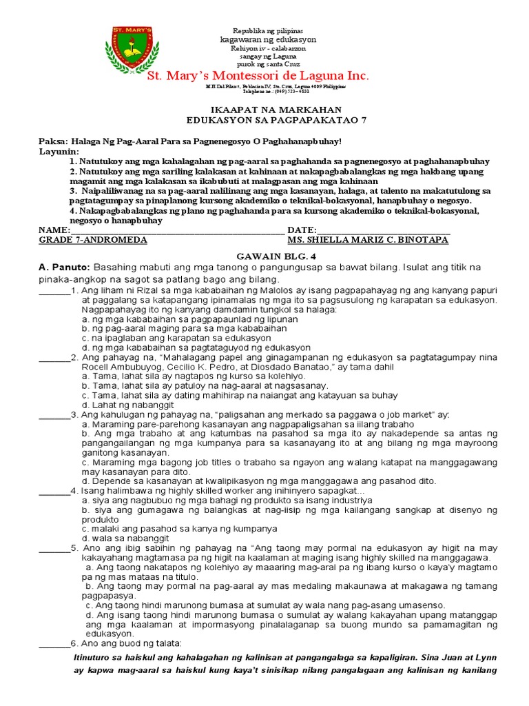 Week 4 Grade 7 Worksheets Esp Math Science Tle Pdf