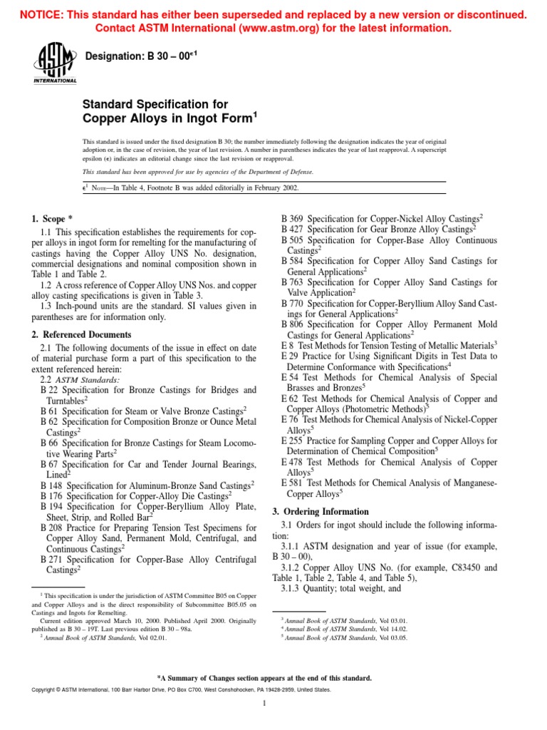 Astm - B 30 - 00 - Qjmwltawrte | PDF | Bronze | Ingot