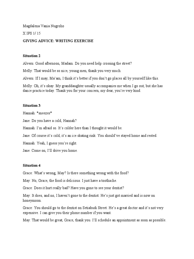 Writing Exercise: Giving Advice Dialogues | PDF | Foods | Restaurant ...