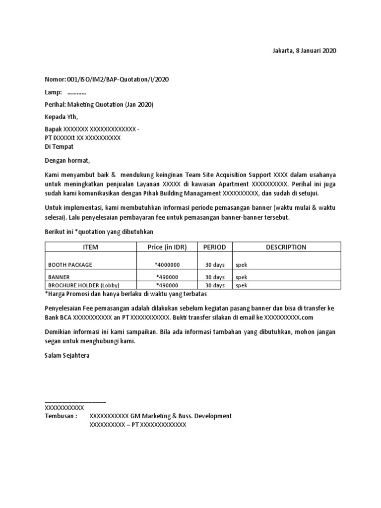 Quotation Bea Pasang Booth Marketing Di Lobby Apt | PDF
