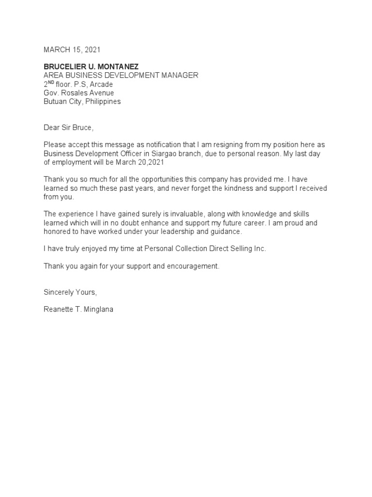 Resignation Letter Reanette T. Minglana | PDF