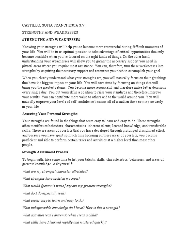 Strengths and Weaknesses | PDF | Self Esteem | Behavior Modification