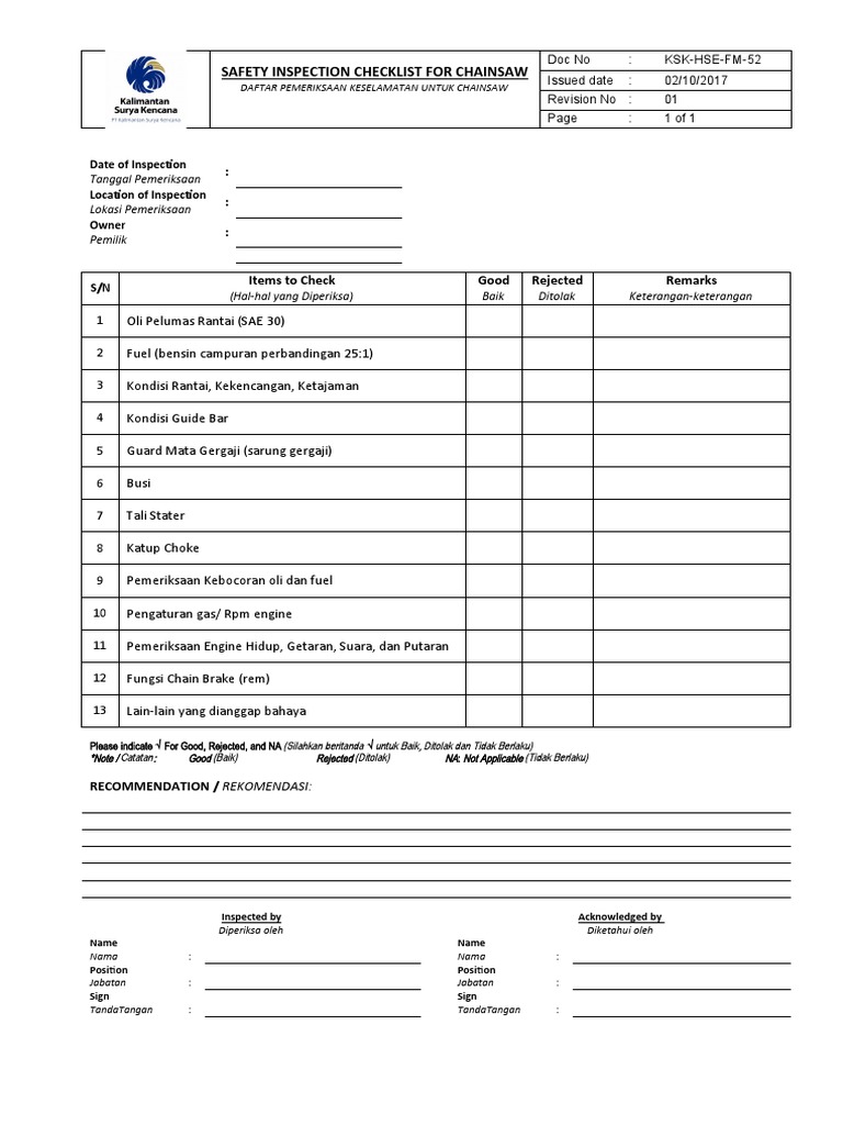 Chainsaw Safety Inspection Pdf