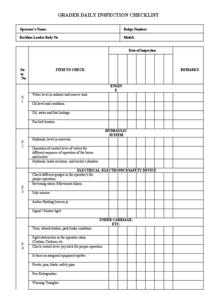 Grader Daily Inspection Checklist | PDF