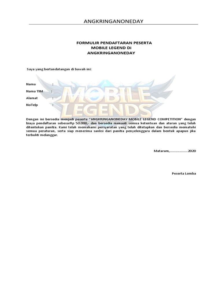 Formulir Pendaftaran Lomba Mobile Legend | PDF | Game & Aktivitas ... Formulir Pendaftaran Lomba Mobile Legend | PDF | Game & Aktivitas ...