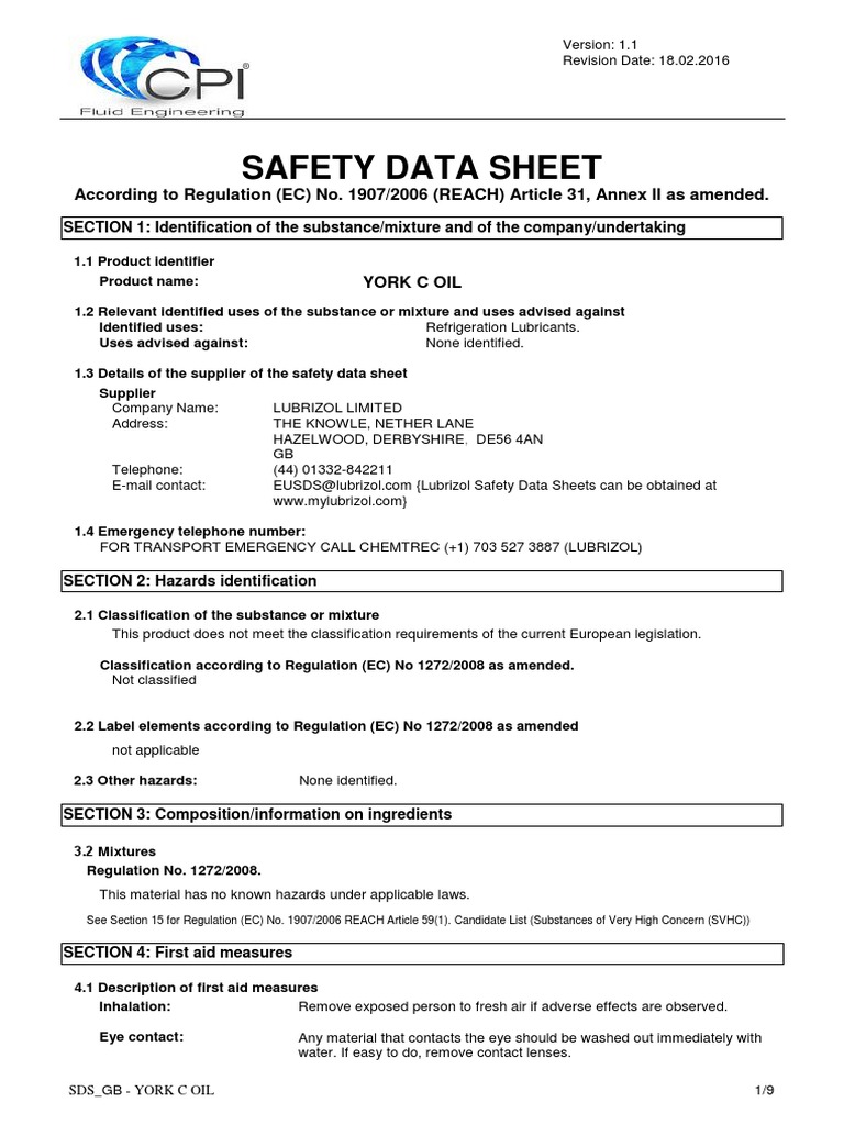 MSDS York C Oil (En) | Download Free PDF | Occupational Hygiene ...