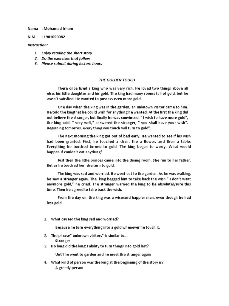 Instruction: 1. Enjoy Reading The Short Story 2. Do The Exercises That ...