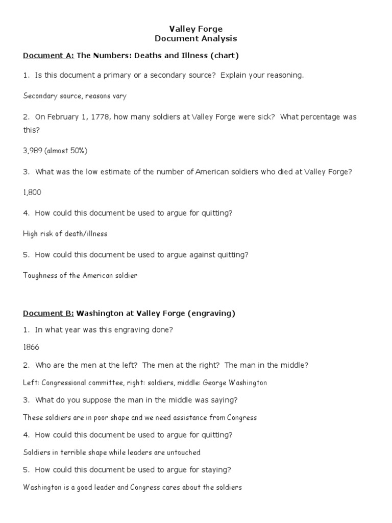 Valley Forge Document Analysis Key | PDF | Valley Forge | Armed Conflict